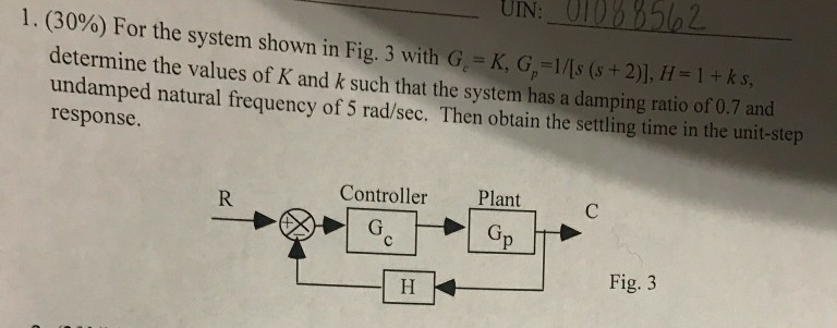 Solved I . (30%) For the system shown in Fig. 3 with Ge K, | Chegg.com