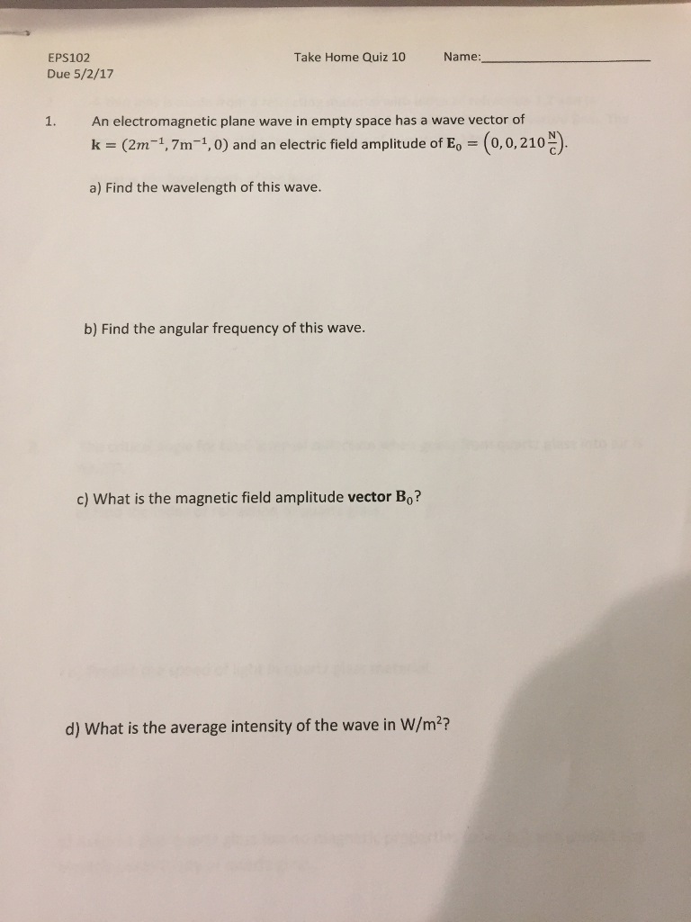 Solved An electromagnetic plane wave in empty space has a | Chegg.com