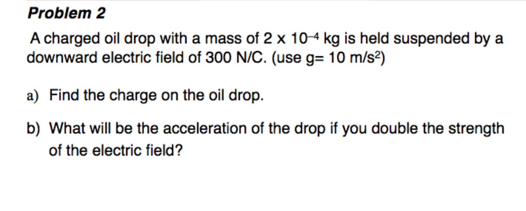 Solved A charged oil drop with a mass of 2 times 10^-4 kg is | Chegg.com