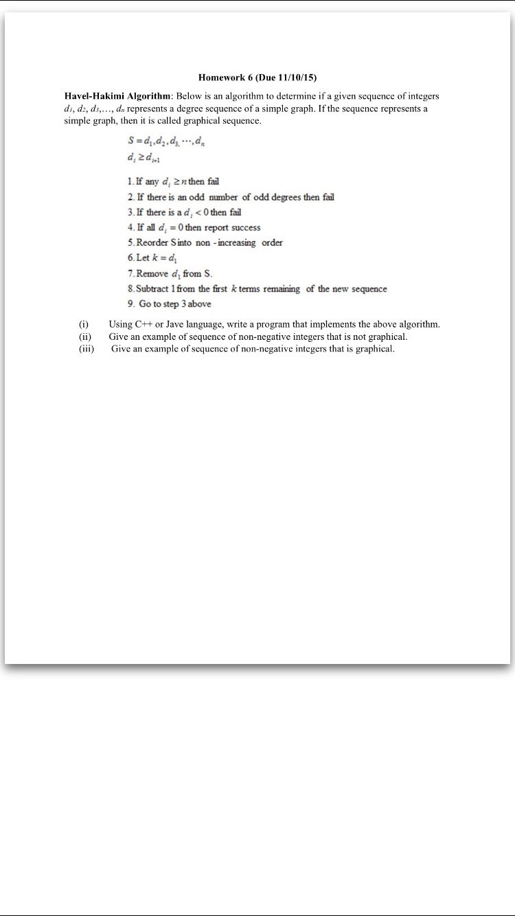 Solved Havel-Hakimi Algorithm: Below is an algorithm to | Chegg.com