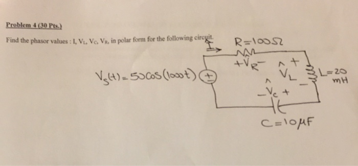 Solved Find the phasor values: I, V_1, V_C, V_R, in polar | Chegg.com
