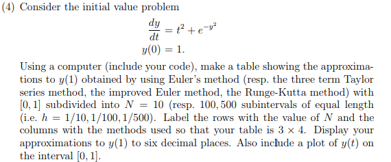 Solved 4) Consider the initial value problem -y2 dt y(0) 1 | Chegg.com