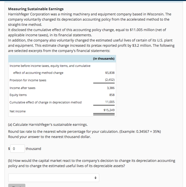 Measuring Sustainable Earnings Harnishfeger | Chegg.com
