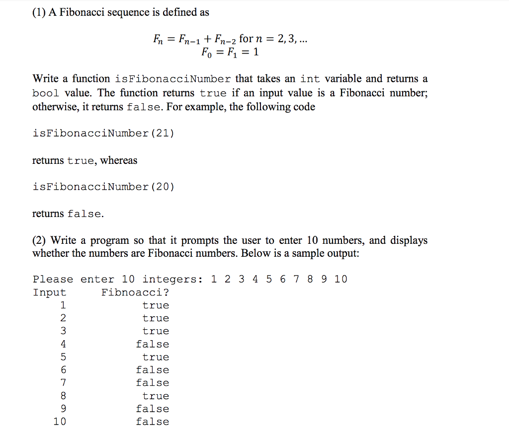 Solved (1) A Fibonacci sequence is defined as F, = Fn-1 + | Chegg.com