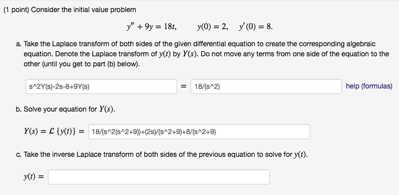 Solved (1 point) Consider the initial value problem y, +9y = | Chegg.com