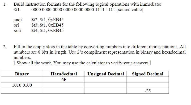 Solved Build instruction formats for the following logical | Chegg.com