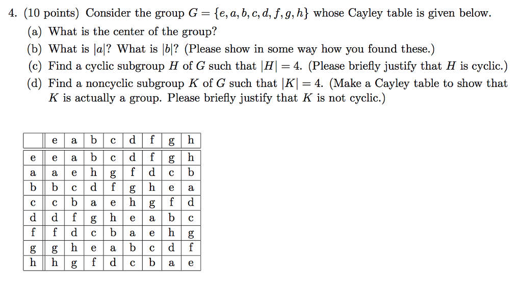 Solved 4. (10 points) Consider the group G- se, a, b, c, d, | Chegg.com