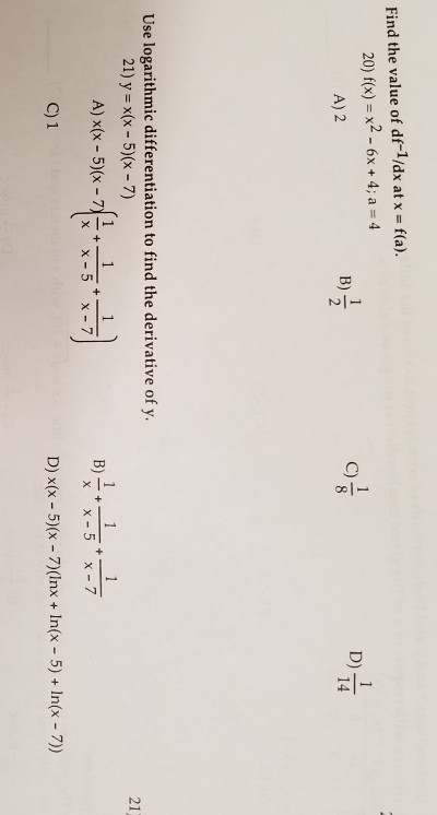 Solved Find the value of df-1/dx at x = f(a). 20) f(x) | Chegg.com