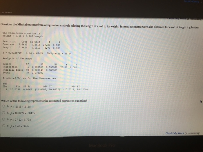Solved Consider The Minitab Output From A Regression 