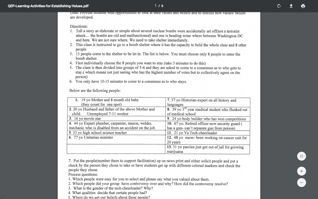 Bomb shelter activity Please choose 8 persons out of | Chegg.com