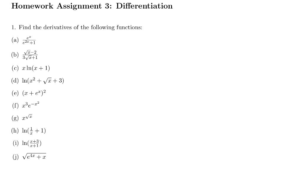 Solved Homework Assignment 3: Differentiation 1. Find the | Chegg.com