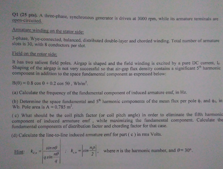 Solved A three-phase, synchronous generator is driven at | Chegg.com