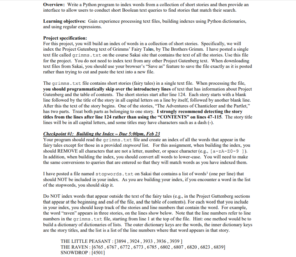 Solved Overview: Write a Python program to index words from | Chegg.com