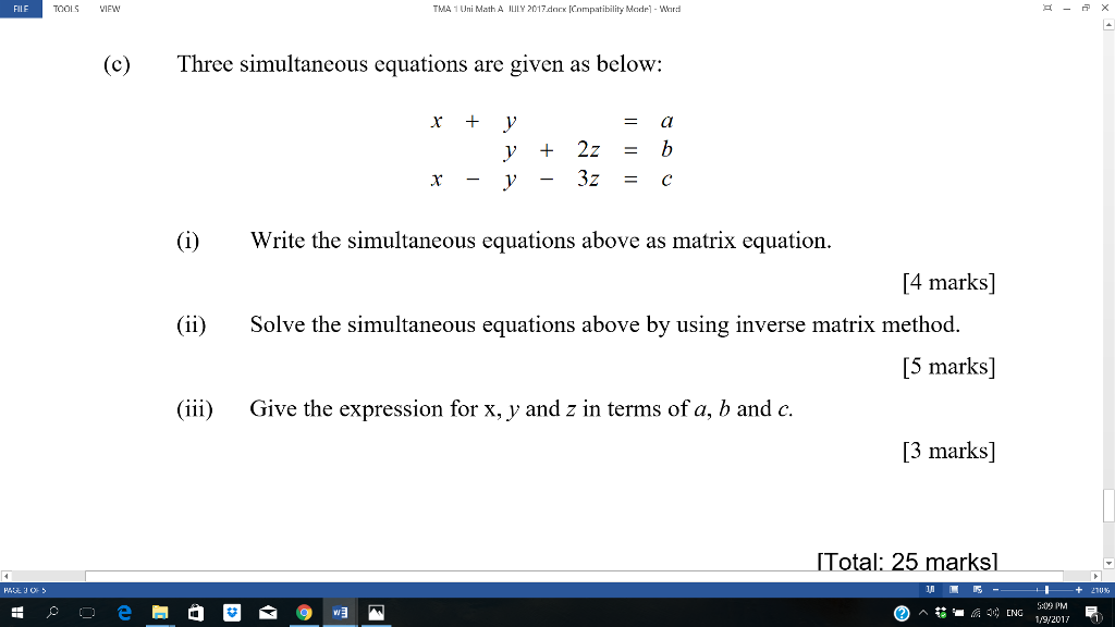 Solved Three simultaneous equations arc given as below: x + | Chegg.com