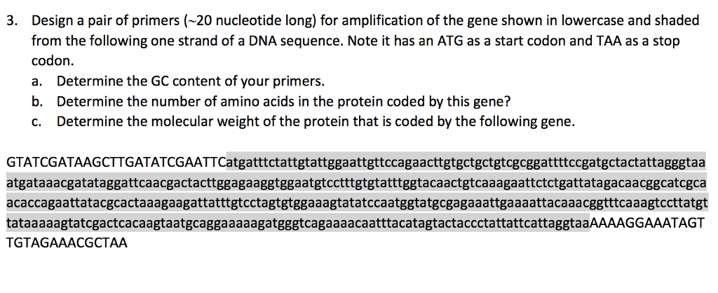 Solved Design a pair of primers (~20 nucleotide long) for | Chegg.com