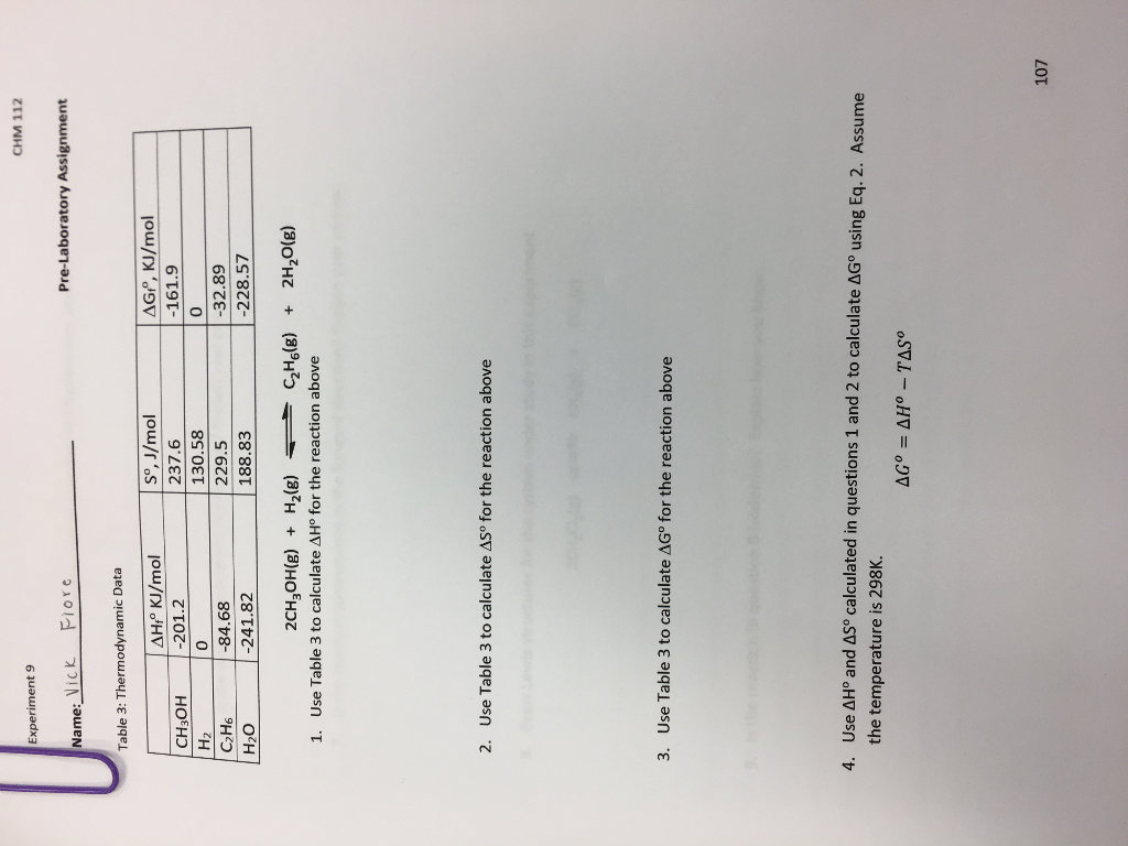 Solved Chm 112 Experiment 9 Name Vick Fiore Pre Laboratory