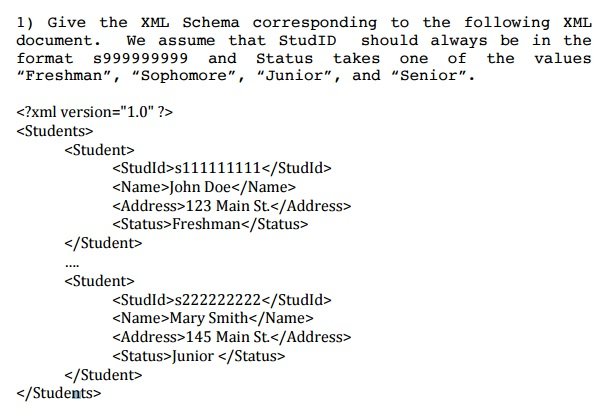 Solved Give the XML Schema corresponding to the following | Chegg.com