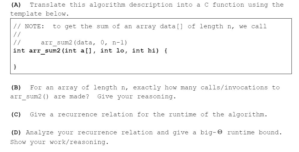 Solved int arr sum (int a[, int n) int total-0, ii for (i-0 | Chegg.com