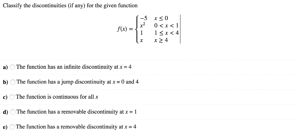 Solved Classify the discontinuities (if any) for the given | Chegg.com