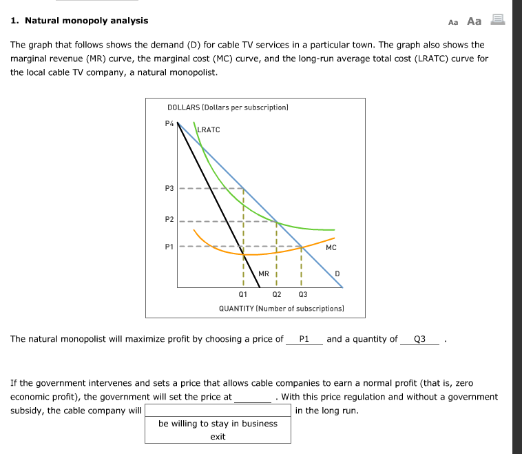 Solved 1. Natural monopoly analysis Aa Aa The graph that | Chegg.com