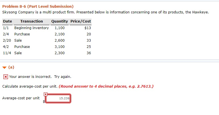 Solved Problem 8-6 (Part Level Submission) Skysong Company | Chegg.com