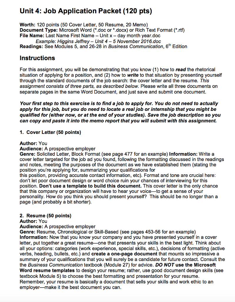 Unit 4: Job Application Packet (120 pts) Worth 120 | Chegg.com