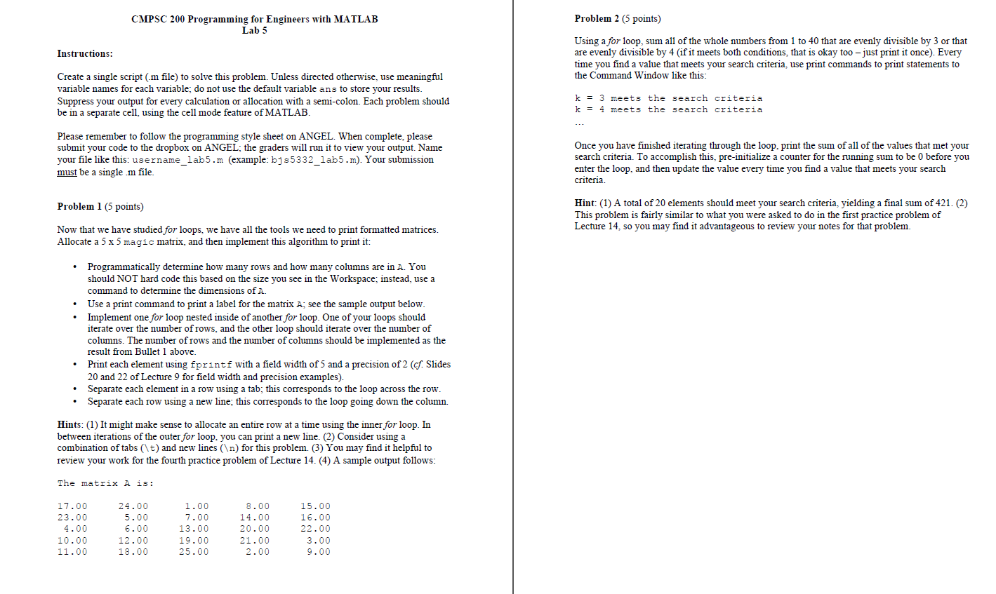 Solved Cmpsc 200 Programming For Engineers With Matlab Lab