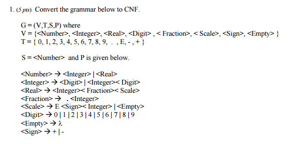 Solved Convert the grammar below to CNF. G = (V, T, S, P) | Chegg.com