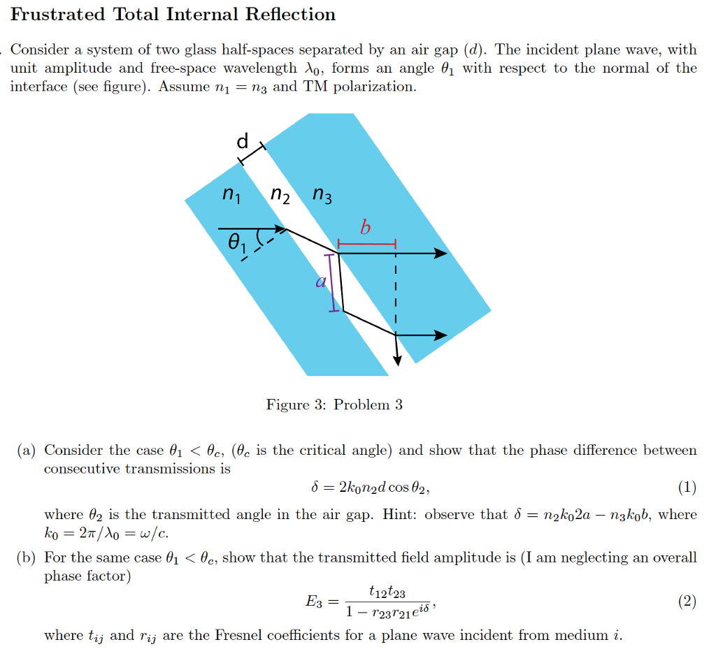 Frustrated Total Internal Reflection Consider a | Chegg.com