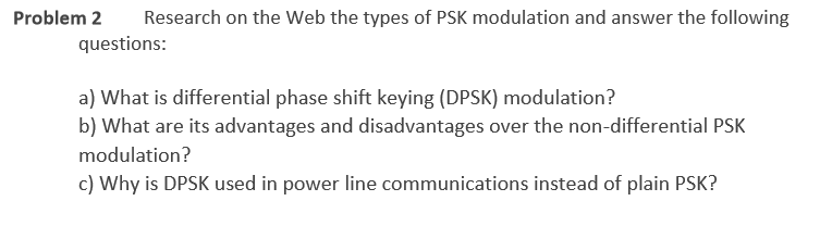 Solved Problem 2 Research on the Web the types of PSK | Chegg.com