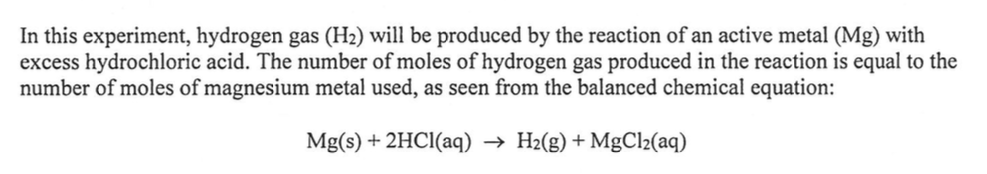 Solved In this experiment, hydrogen gas (H2) will be | Chegg.com