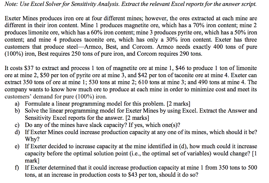 Solved Note: Use Excel Solver for Sensitivity Analysis. | Chegg.com