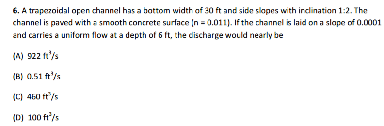 Solved A trapezoidal open channel has a bottom width of 30 | Chegg.com