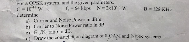 Solved For a QPSK system, and the given parameters: C= 10-11 | Chegg.com