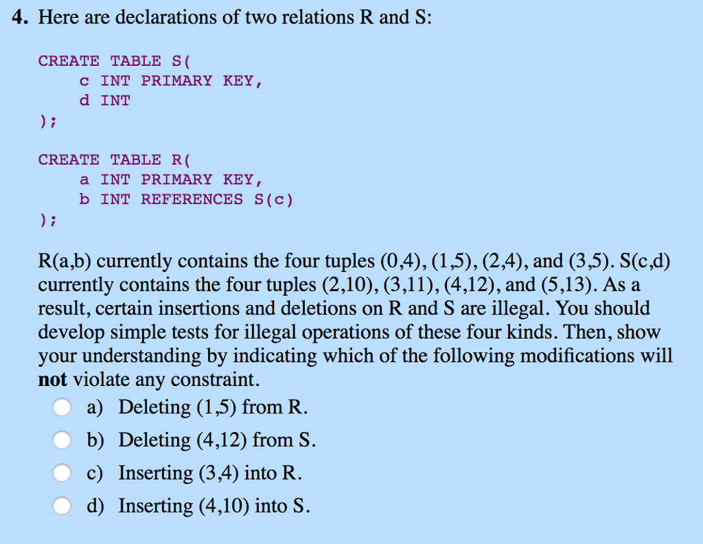 Solved 4. Here are declarations of two relations R and S: | Chegg.com