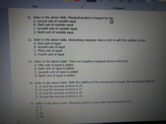 Refer to the above table. Diminishing marginal | Chegg.com