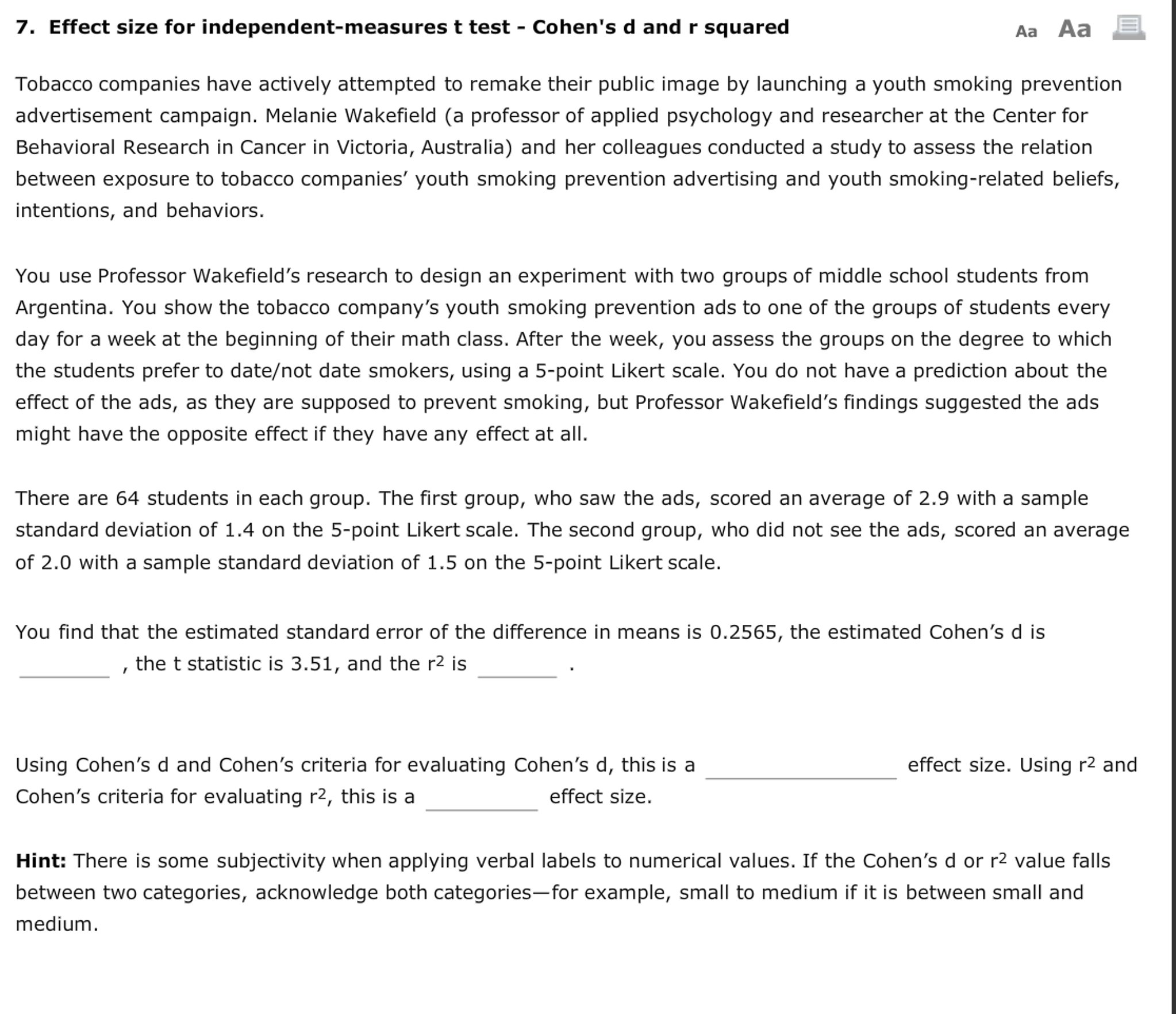Solved Effect Size For Independent Measures T Test Cohen S