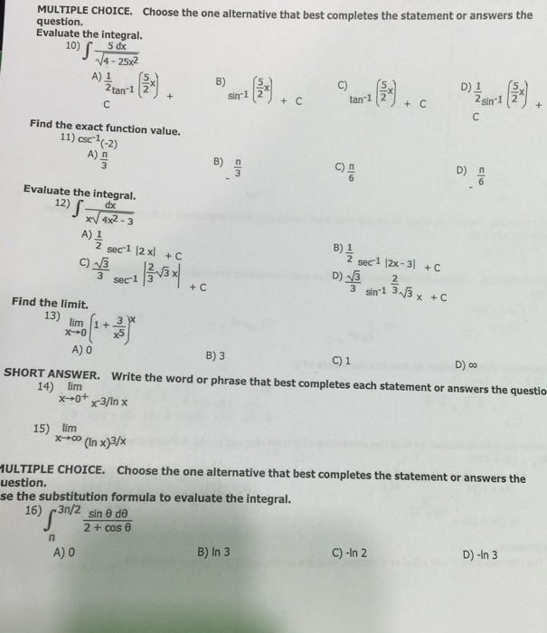 Solved Choose the one alternative that best completes the | Chegg.com