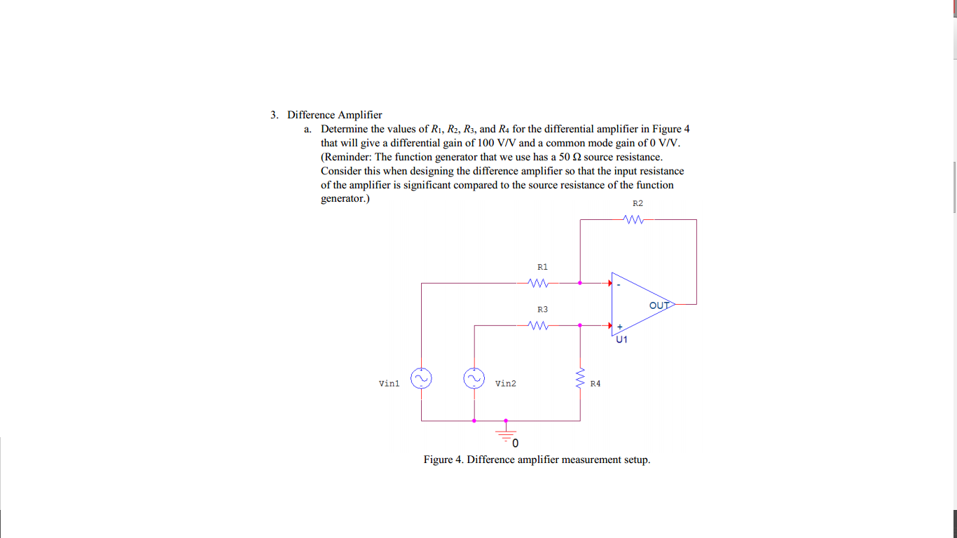 Solved Difference Amplifier Determine the values of R1, R2, | Chegg.com
