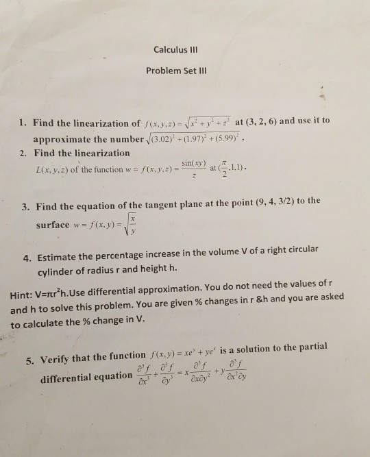 Solved Calculus Ii Problem Set Iii 1 Find The Linearization