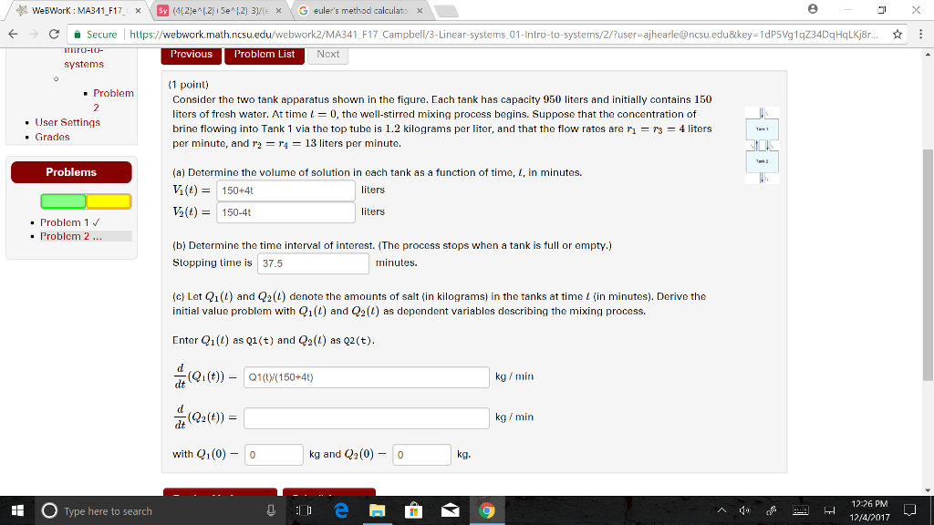 Solved WeBWorK : MA341-F 17- ˊ , (4(2)e"(2) 5e"[2] 3)/(ex \ | Chegg.com