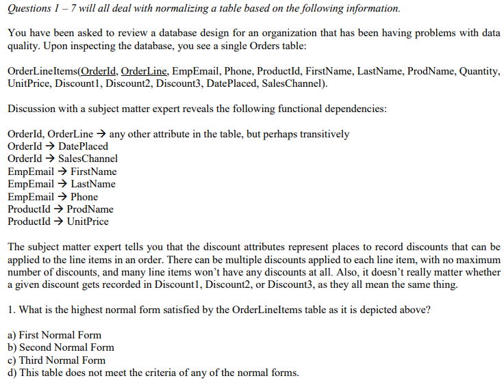 Solved Questions 1 7 Will All Deal With Normalizing A Table 7067