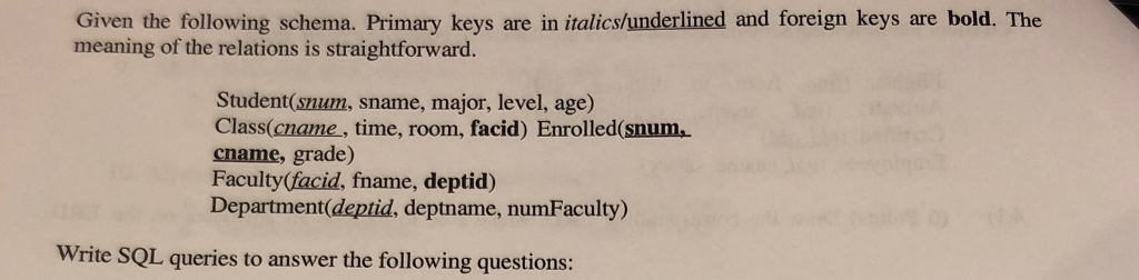 Solved Given the following schema. Primary keys are in | Chegg.com
