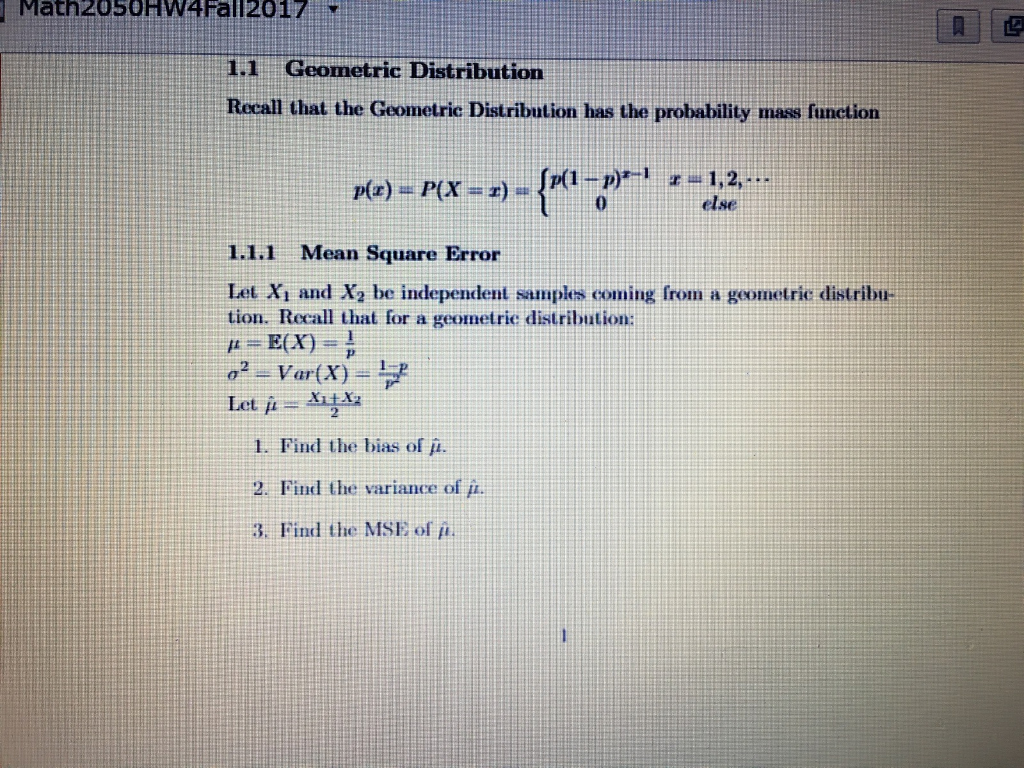 Solved Math205OHWaFall2017 1 1.1 Geometric Distribution | Chegg.com
