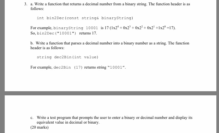 Solved Write a function that returns a decimal number from a | Chegg.com