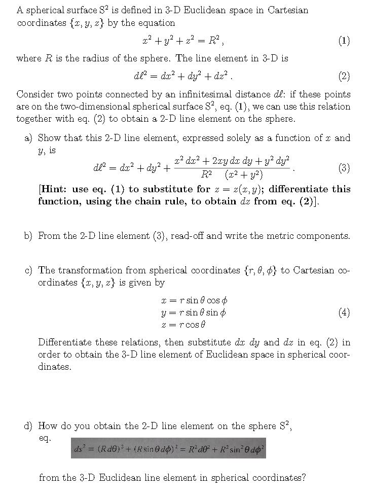 Solved A spherical surface S2 is defined in 3-D Euclidean | Chegg.com