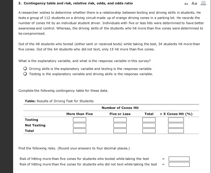 Solved 3. Contingency table and risk, relative risk, odds, | Chegg.com