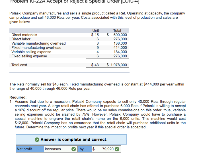 Solved Problem 10-22A Accept or Reject a Special Order | Chegg.com