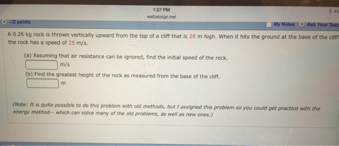 Solved A 0.26kg Rock is thrown vertically upward from the | Chegg.com