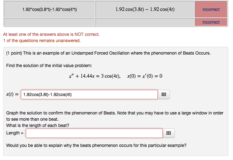 Solved 1.92 cos(3.8 t)-1.92*cos(4"t) 1.92 cos(3.8t) - 1.92 | Chegg.com